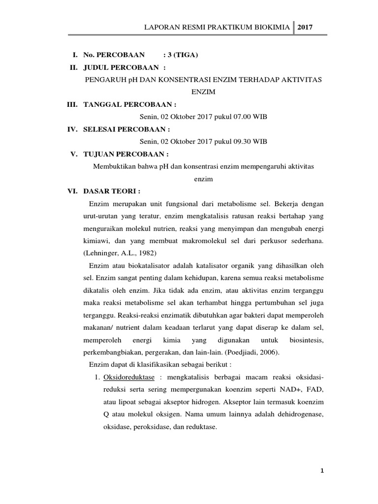 Laporan Resmi Praktikum Biokimia Enzim | PDF