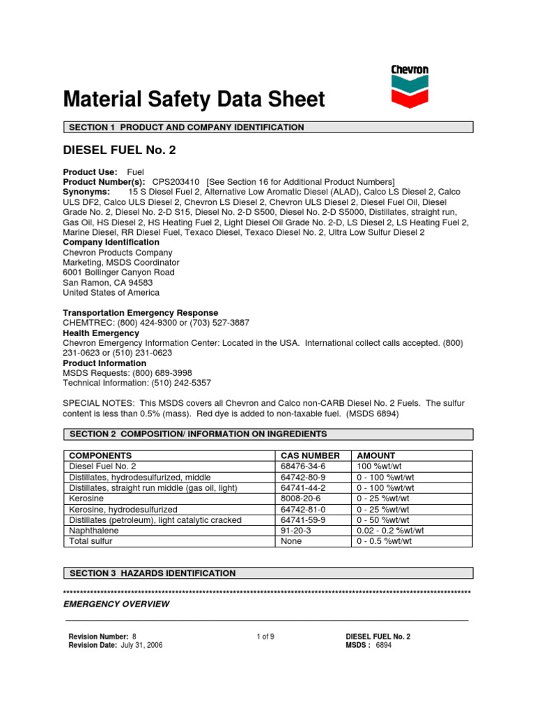 Material Safety Data Sheet: Diesel Fuel No. 2 | PDF | Personal ...