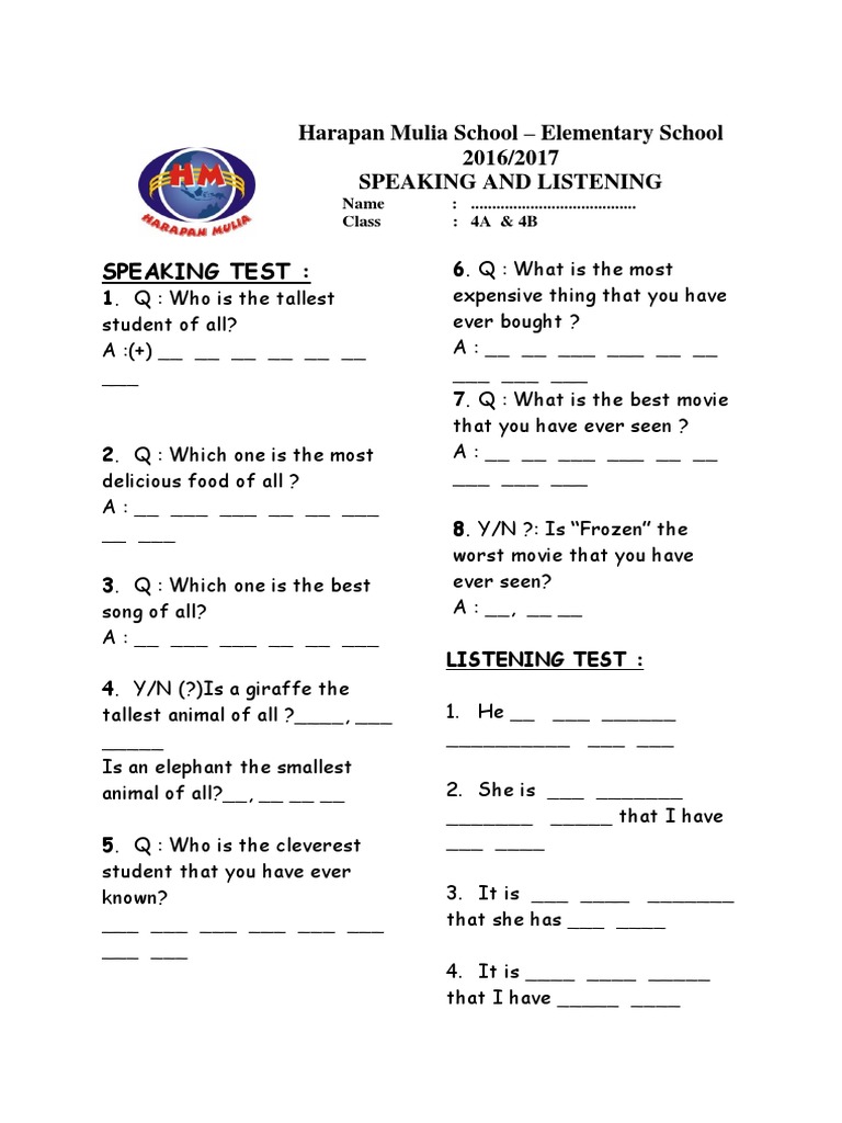 Grade 4 Speaking & Listening Test | PDF