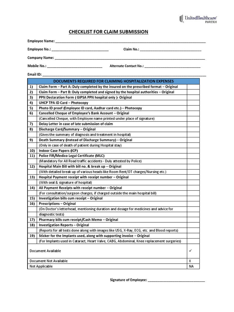 Claim Submission Check List | Cheque | Invoice