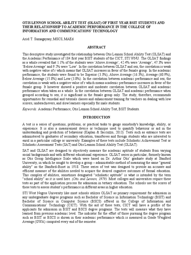 OLSAT of First Year BSIT Students and Their Relationship To Academic ...