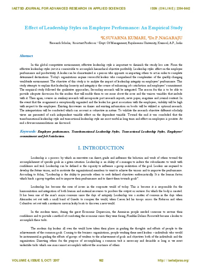 Effect of Leadership Styles On Employee Performance: An Empirical Study | PDF | Transformational ...