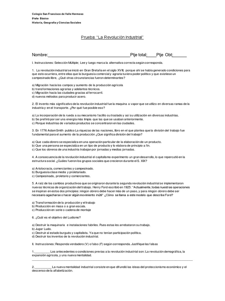 Prueba sobre la Revolución Industrial | PDF | Revolución industrial ...