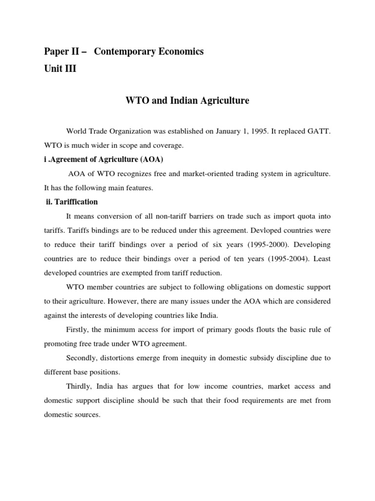 WTO and Indian Agriculture | PDF | World Trade Organization | Subsidy