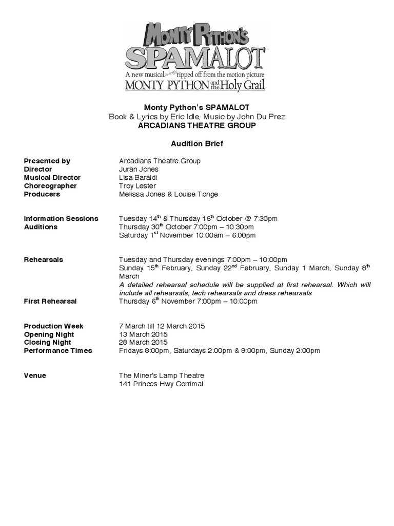 Audition for Monty Python's SPAMALOT | PDF | Audition | Performing Arts