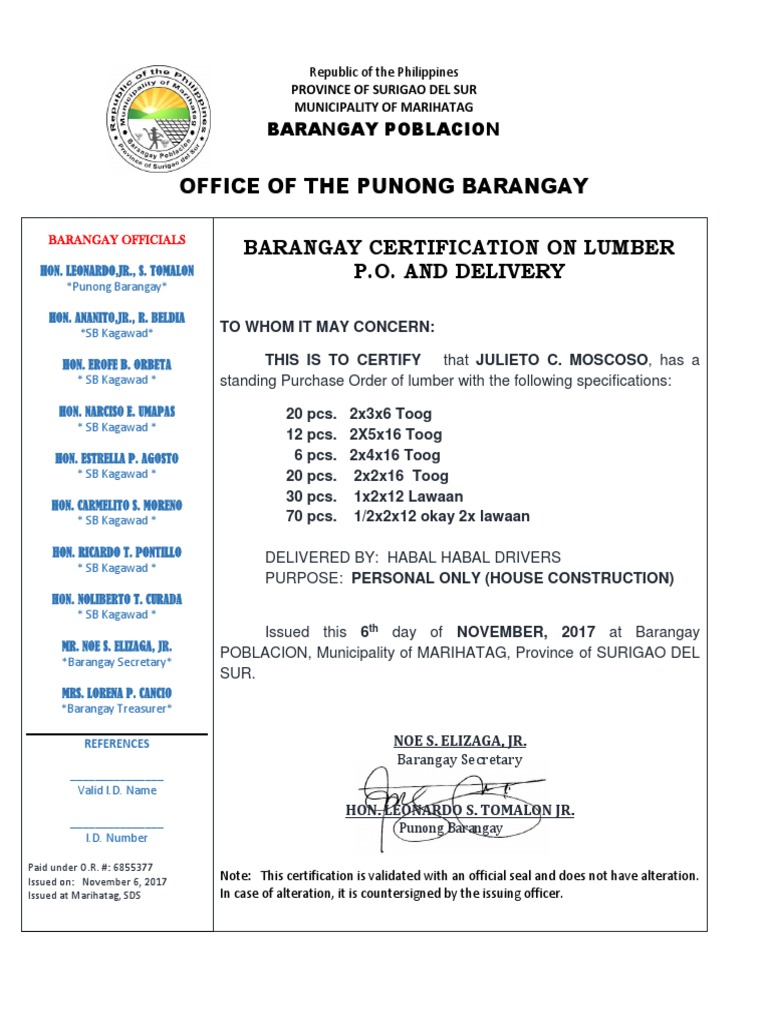 Barangay Certification for Lumber Purchase | PDF | Philippines