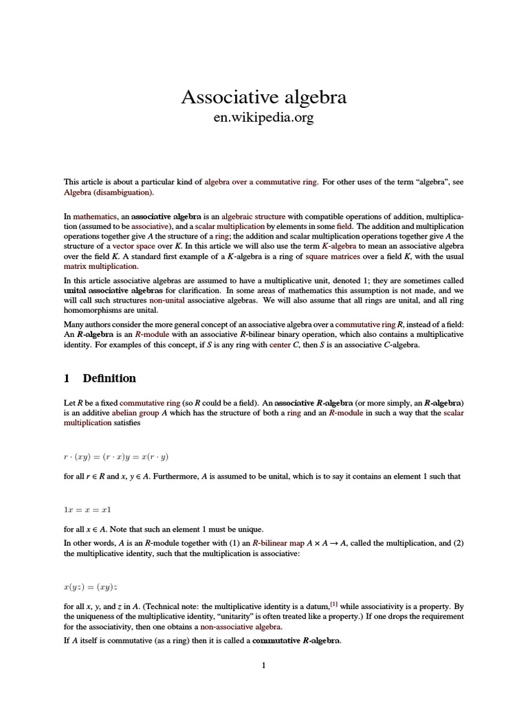 Associative Algebra: 1 Definition | PDF | Ring (Mathematics) | Metric ...