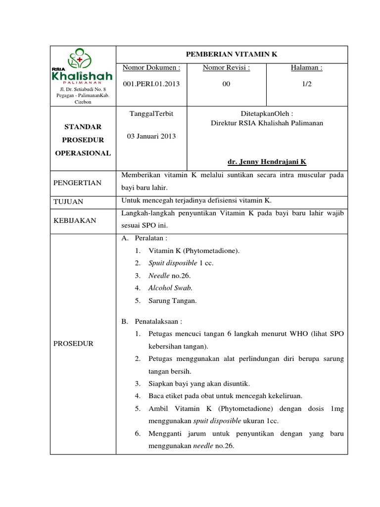 Prosedur Pemberian Vitamin K Bayi | PDF