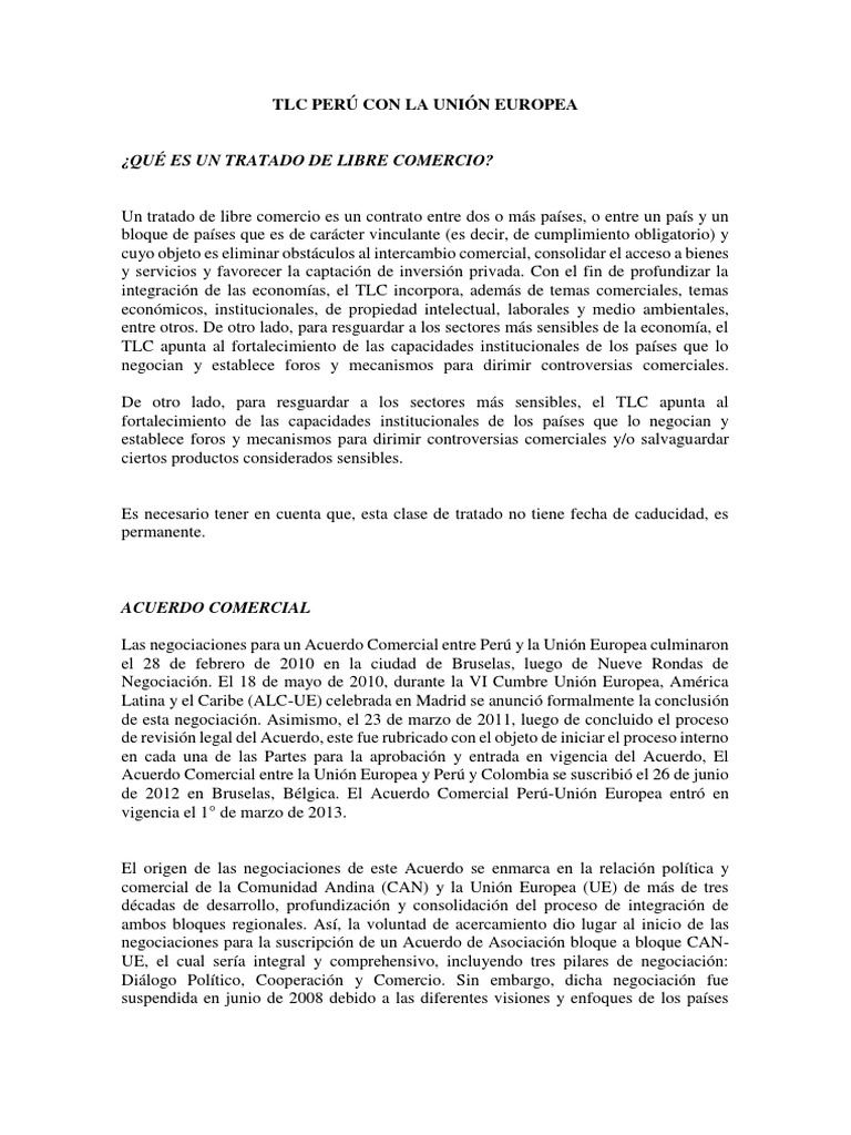 TLC Perú Con La Unión Europea | PDF | Unión Europea | Acuerdos comerciales