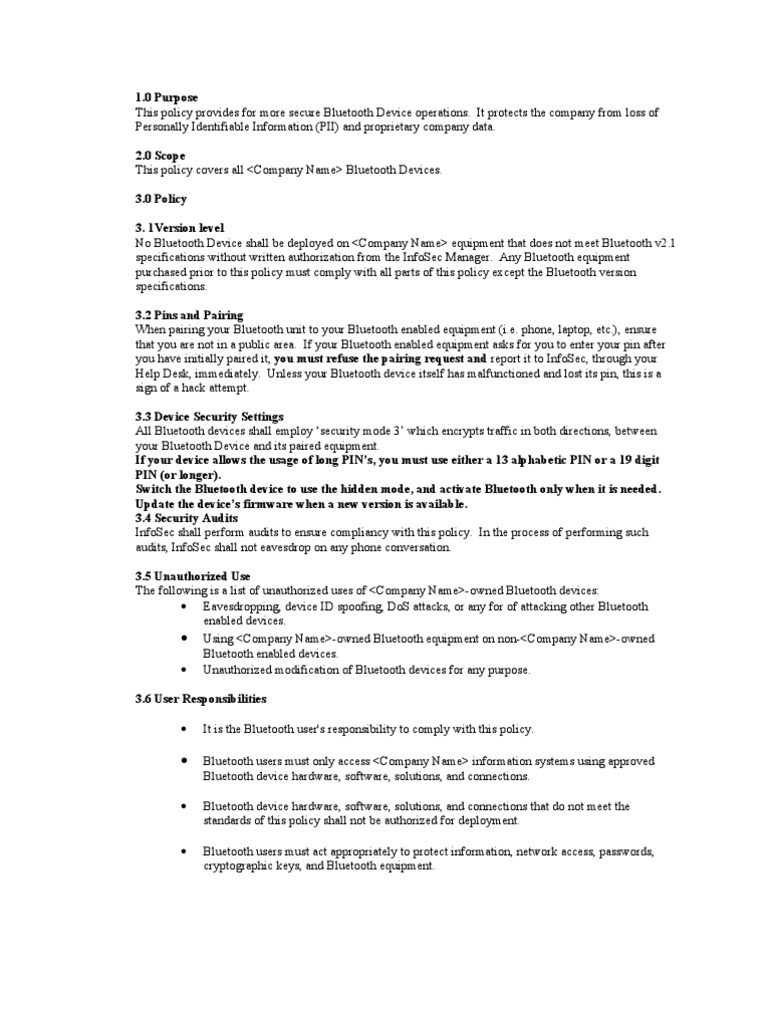 Bluetooth Security Policy | PDF | Bluetooth | Personal Identification ...