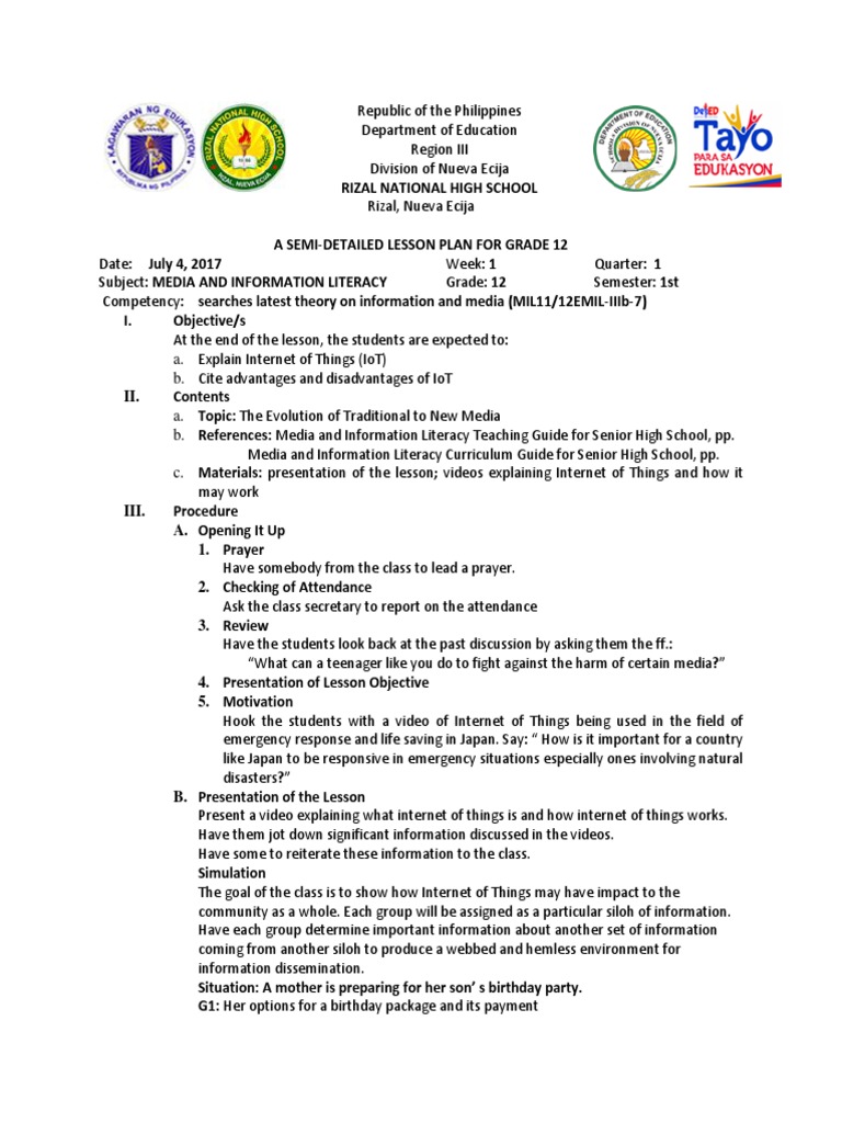 IoT Lesson Plan for Grade 12 | PDF | Internet Of Things | Lesson Plan