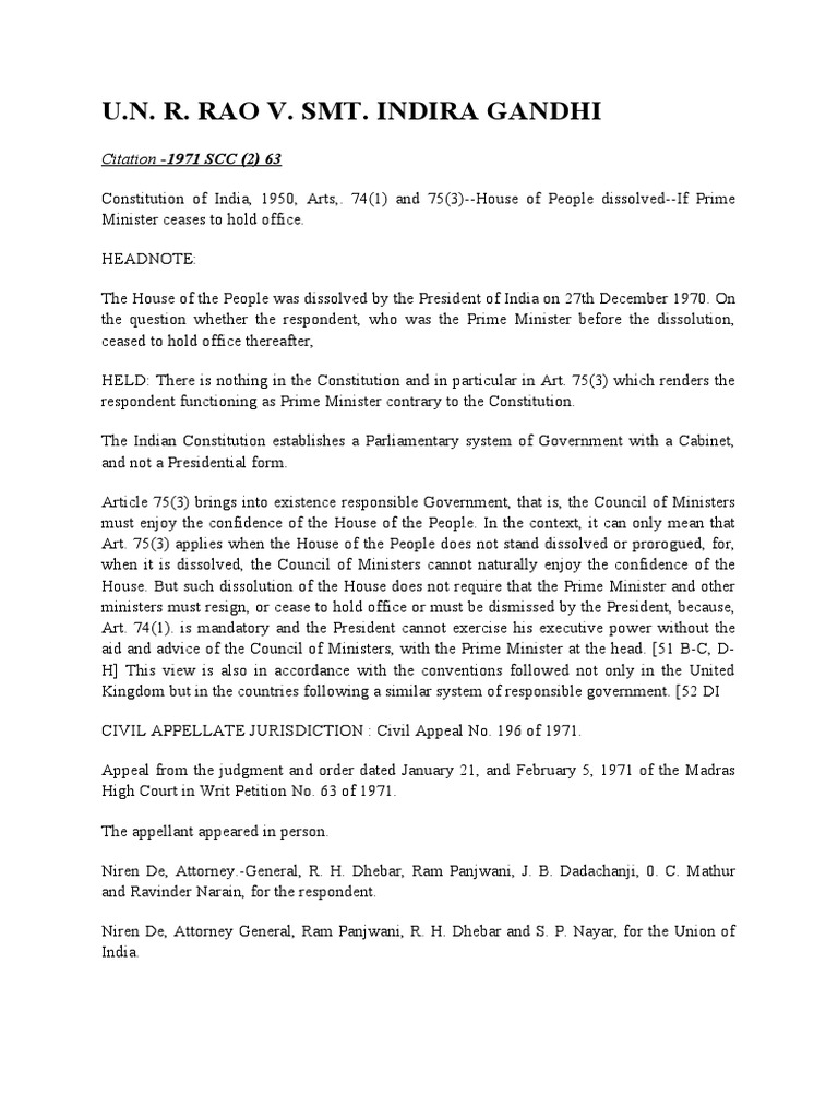 Unr Rao V Indira | PDF | Oath Of Office | Cabinet (Government)