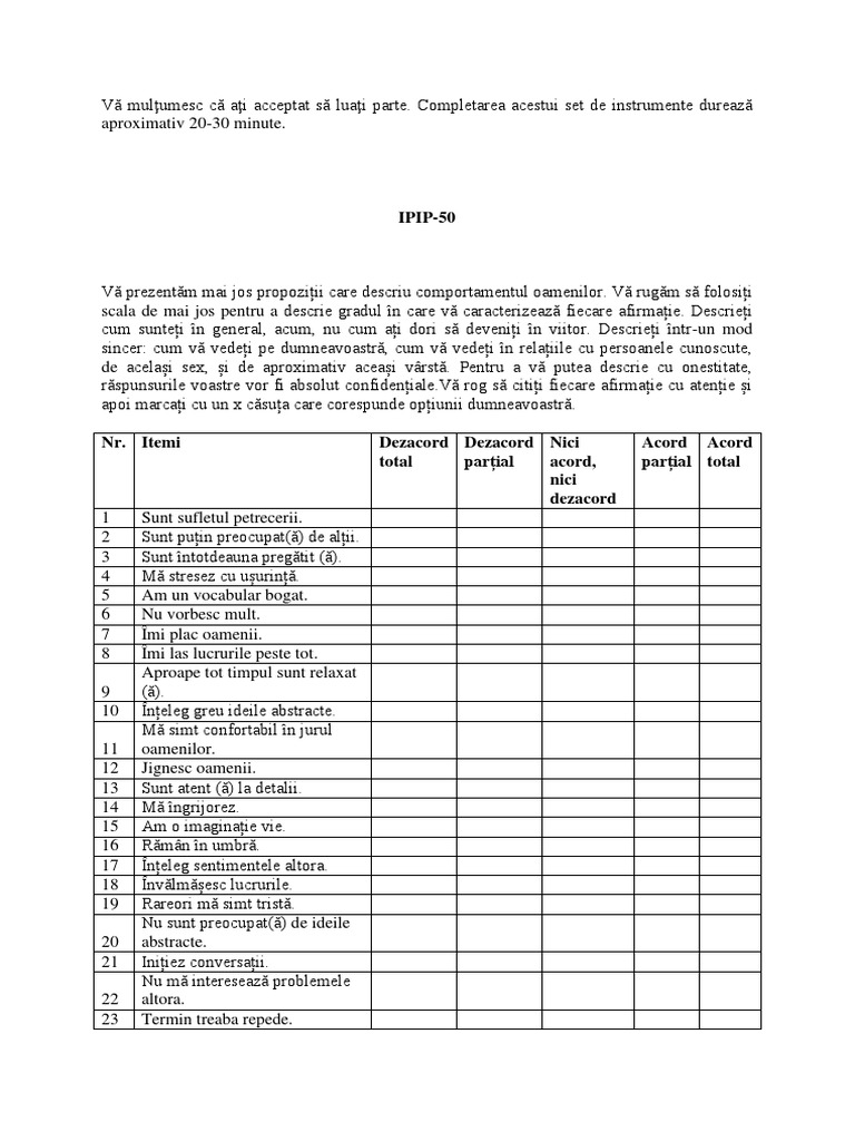 Chestionar Psiho IPIP-50 | PDF