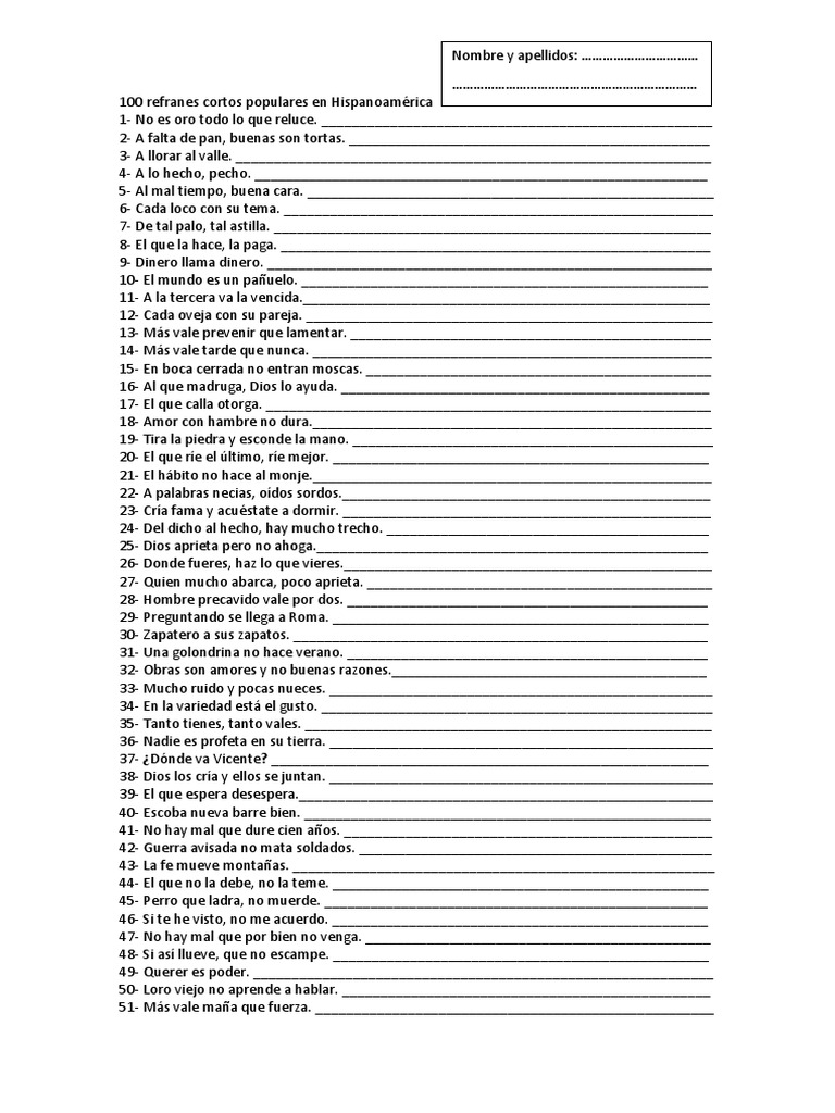 100 Refranes Práctica de Parafraseo Simple