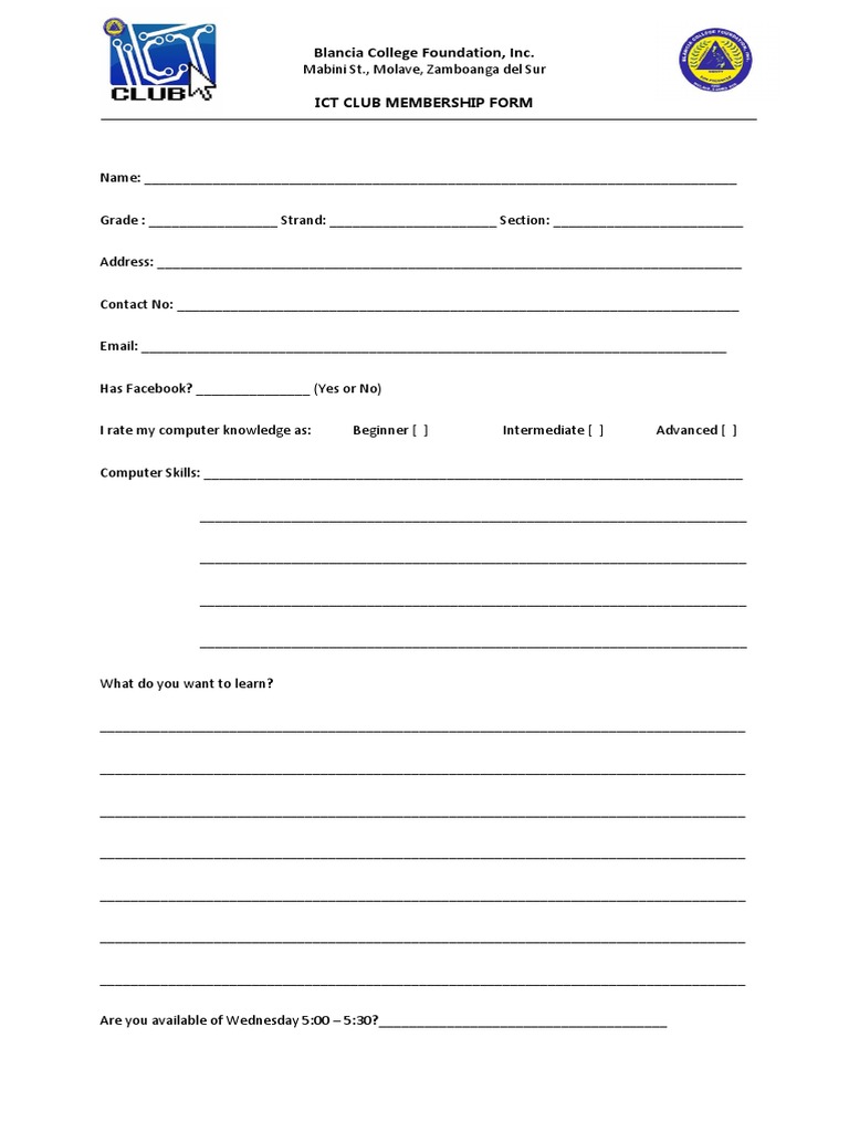 ICT Club Membership Form | PDF