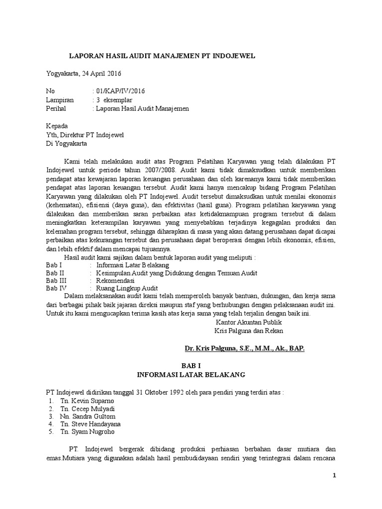 Laporan Hasil Audit Manajemen PT Indojewel | PDF | Bisnis | Pengelolaan Keuangan & Uang