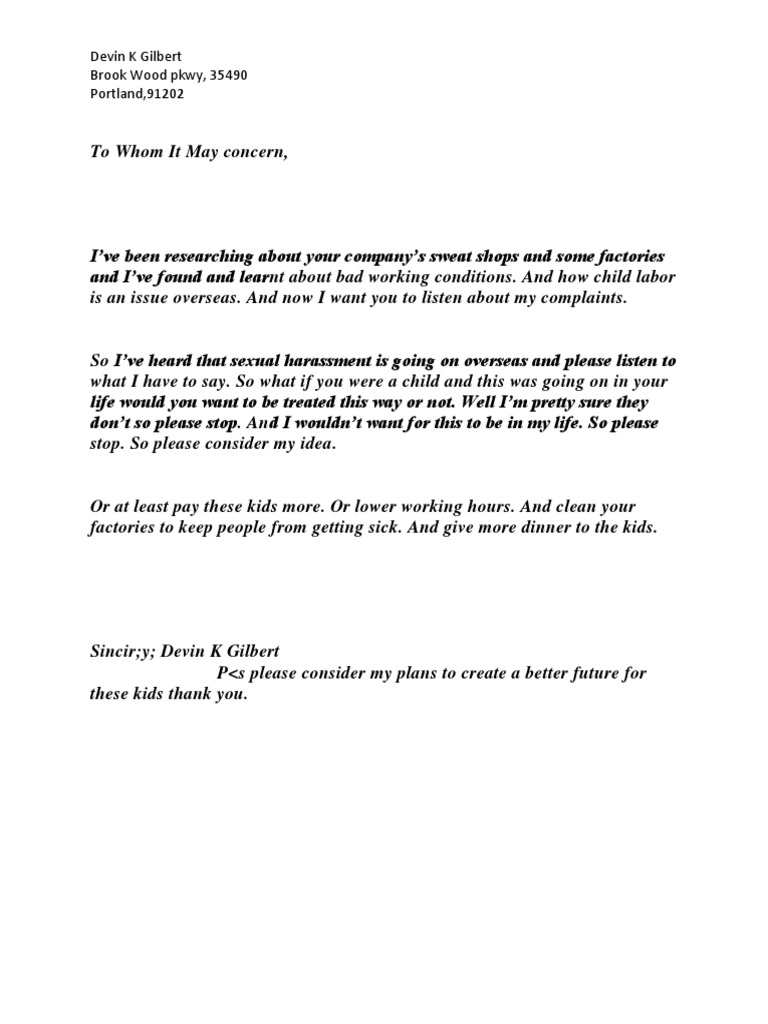 Devin Gilbert Letter | PDF | Lifestyle