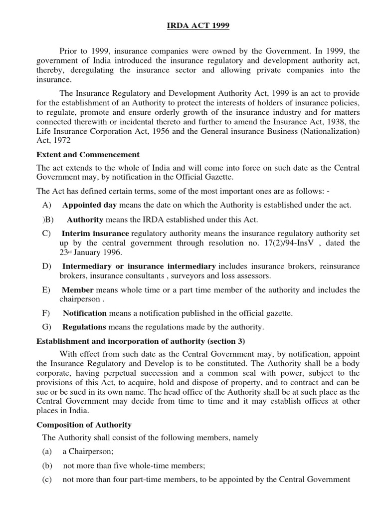 Irda Act 1999 | PDF | Insurance | Government Information