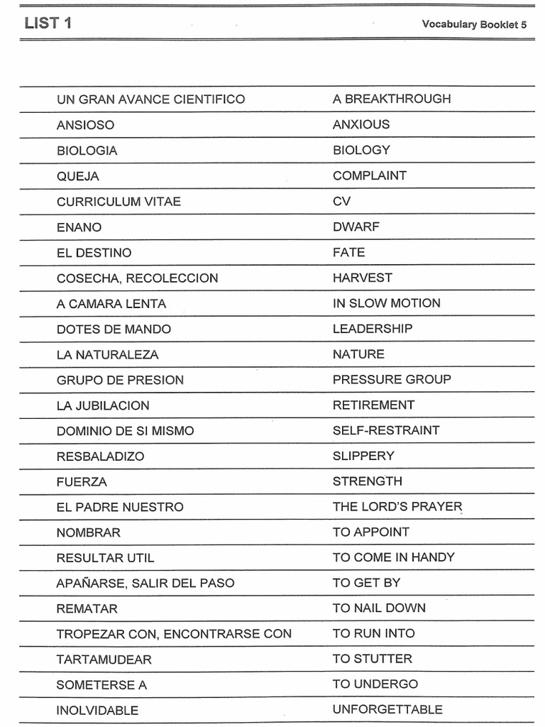 Vocabulary Booklet English-Spanish Volumen 5 | PDF