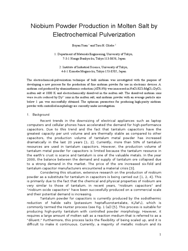 Niobium Powder Production in Molten Salt by Electrochemical ...