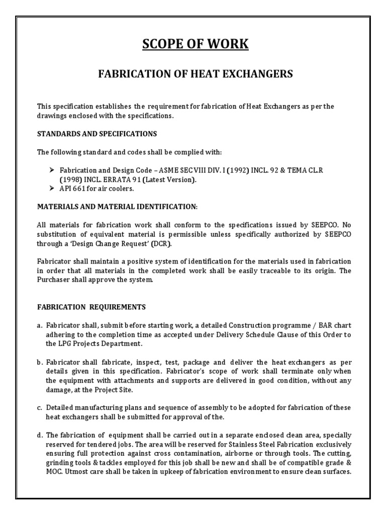 Scope of Work-Fabrication of Heat Exchangers | PDF | Metal Fabrication ...