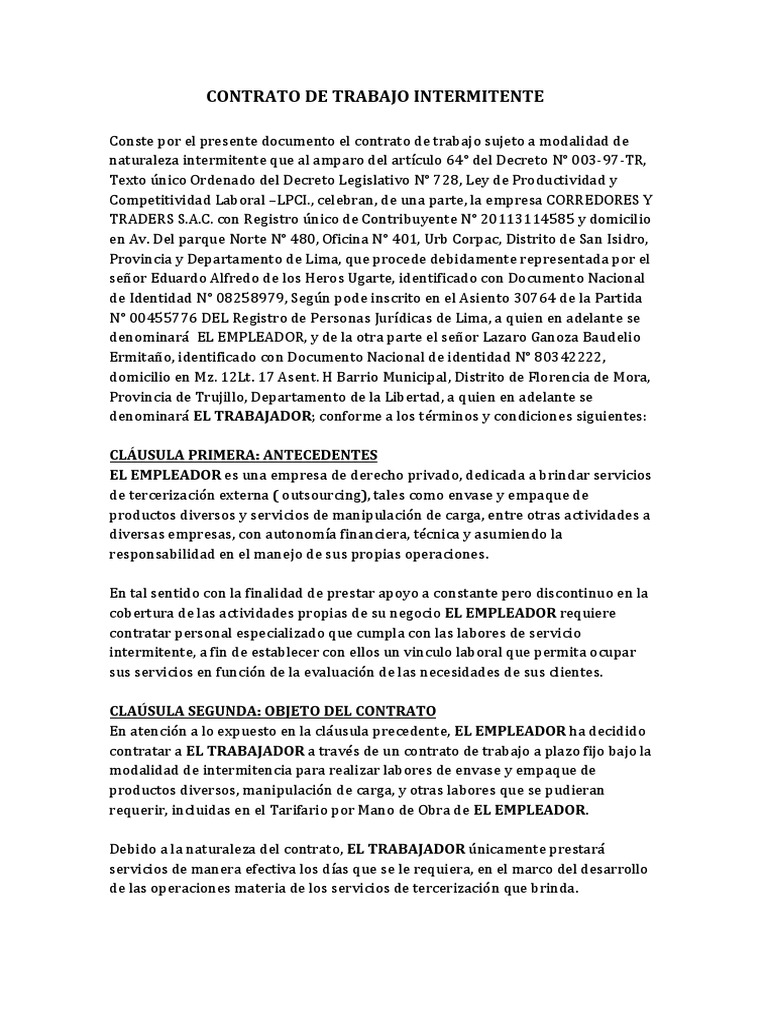 Contrato de Trabajo Intermitente | PDF | Derecho laboral | Outsourcing