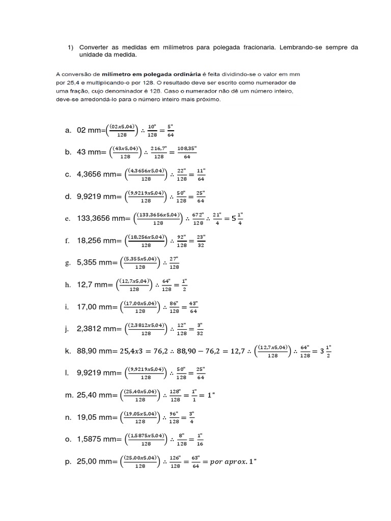 Converter As Medidas em Milímetros para Polegada Fracionaria | PDF ...