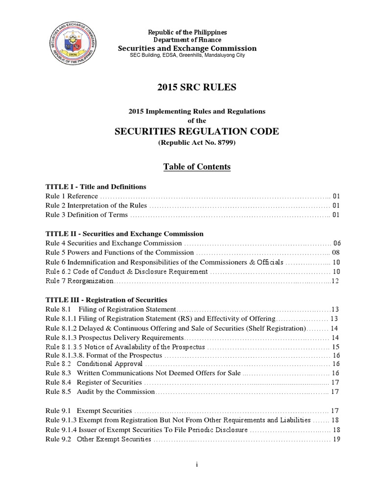 2015 SRC Rules Table of Contents | PDF | Insider Trading | Prospectus ...