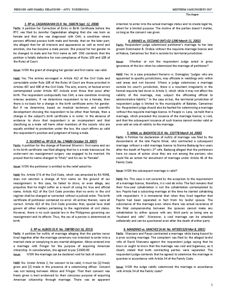 Persons Case Digests | PDF | Annulment | Marriage