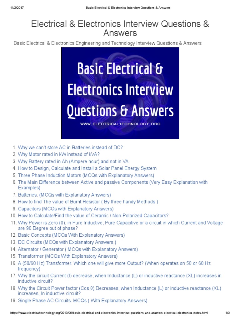 Basic Electrical & Electronics Interview Questions & Answers | PDF | Transformer | Electrical ...