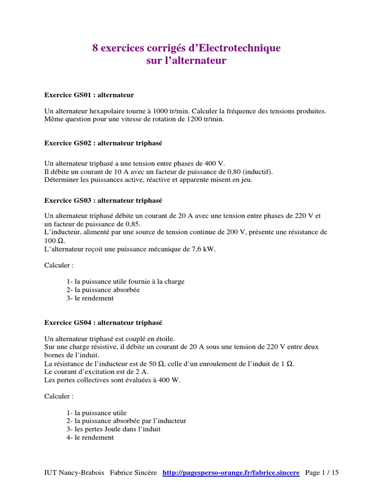 Exercices Corriges Sur L Alternateur PDF | PDF | Puissance (physique ...