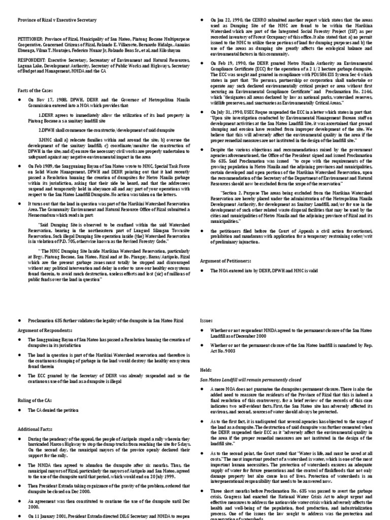 Province of Rizal V Executive Secretary | PDF | Waste Management | Landfill