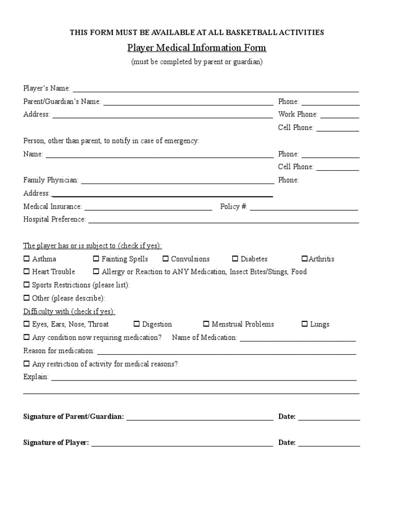 Player Medical Information Form | PDF