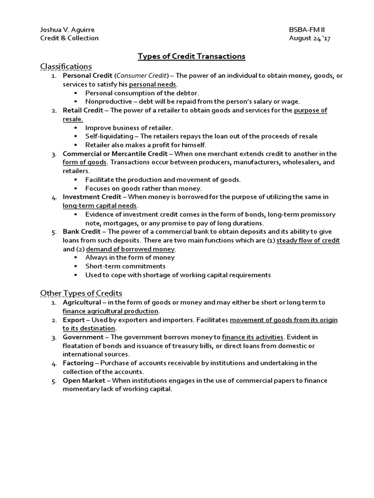 Types of Credit Transaction | PDF | Credit (Finance) | Loans