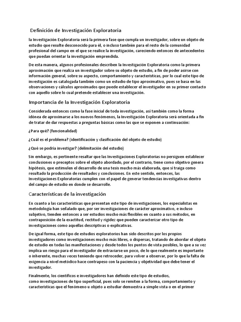 Definición de Investigación Exploratoria | PDF | Correlación y ...