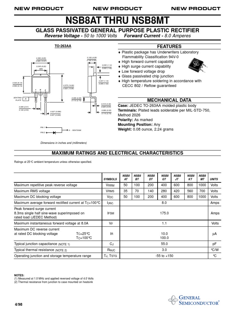 Nsb8At Thru Nsb8Mt: Glass Passivated General Purpose Plastic Rectifier | PDF | Rectifier ...