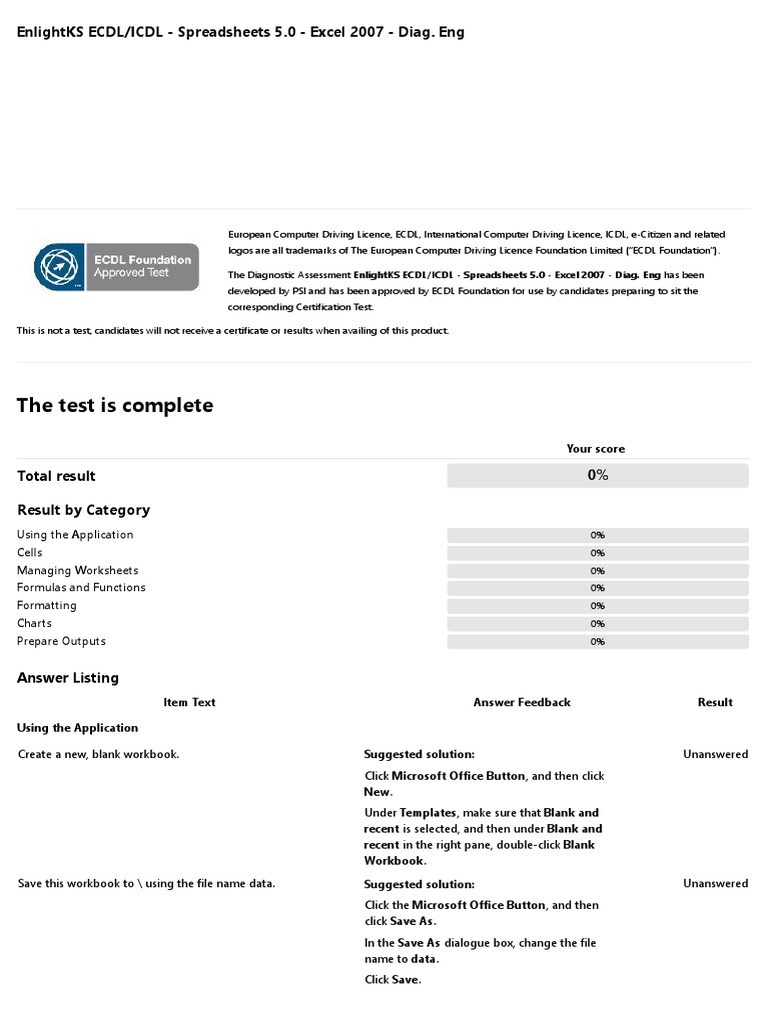 The Test Is Complete: Enlightks Ecdl/Icdl - Spreadsheets 5.0 - Excel ...