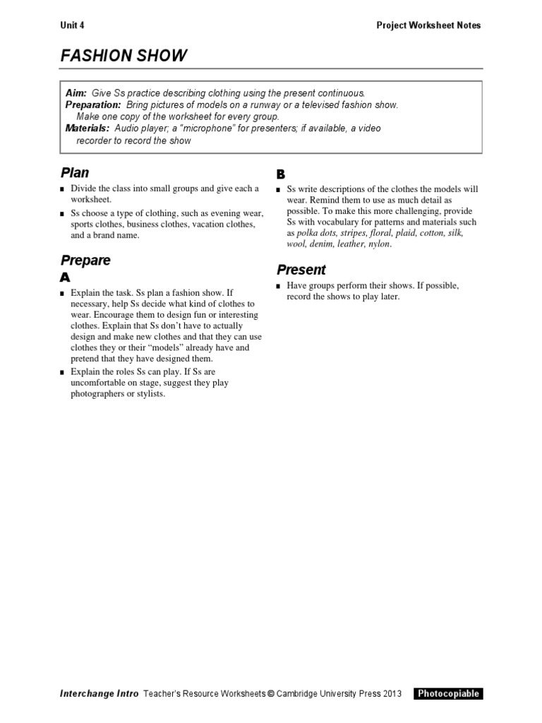 Fashion Show: Make One Copy of The Worksheet For Every Group. Recorder ...