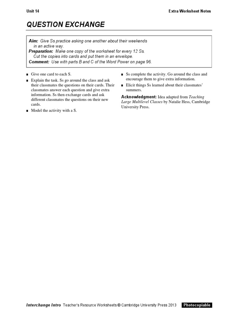 Question Exchange: in An Active Way. Cut The Copies Into Cards and Put ...