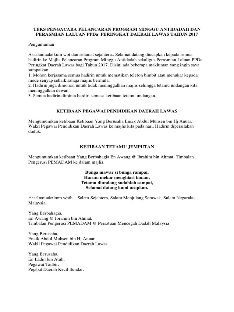 Teks Pengacara Pelancaran Program Minggu Antidadah Dan Perasmian Laluan Ppda Peringkat Daerah ...