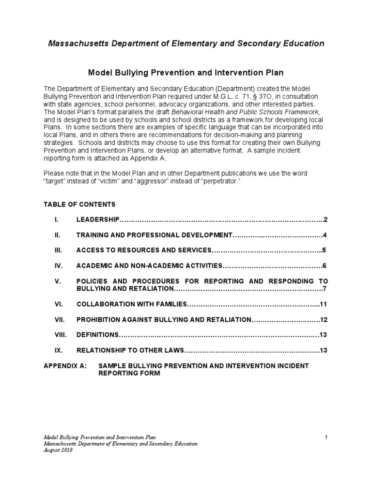 Massachusetts Guidelines For Bullying Prevention and Intervention | PDF ...