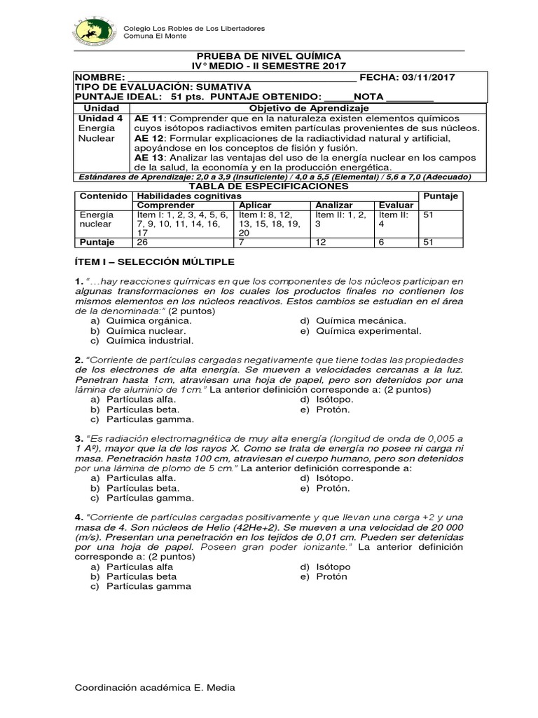 Prueba Química Nuclear | PDF | Desintegración radioactiva | Armas nucleares