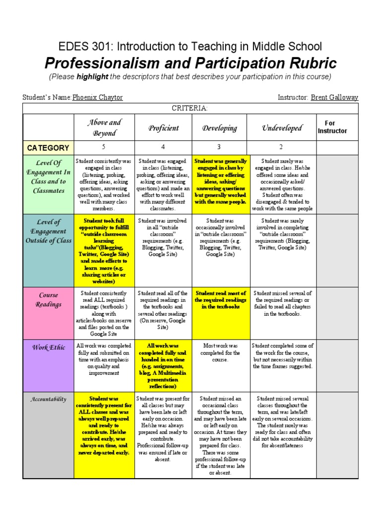 Course Participation and Professionalism Rubric - 2017 | PDF ...
