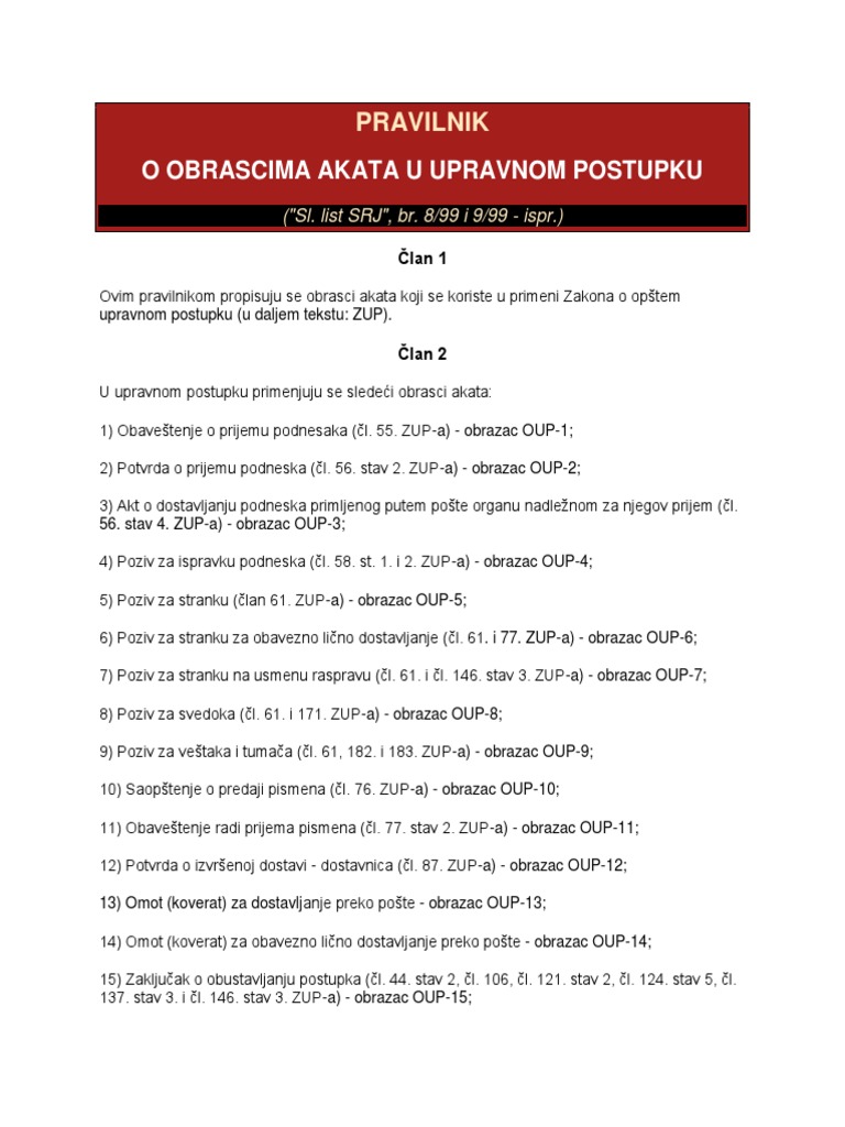 'Documents - Tips - Pravilnik o Obrascima Akata U Upravnom Postupku - PDF' PDF | PDF