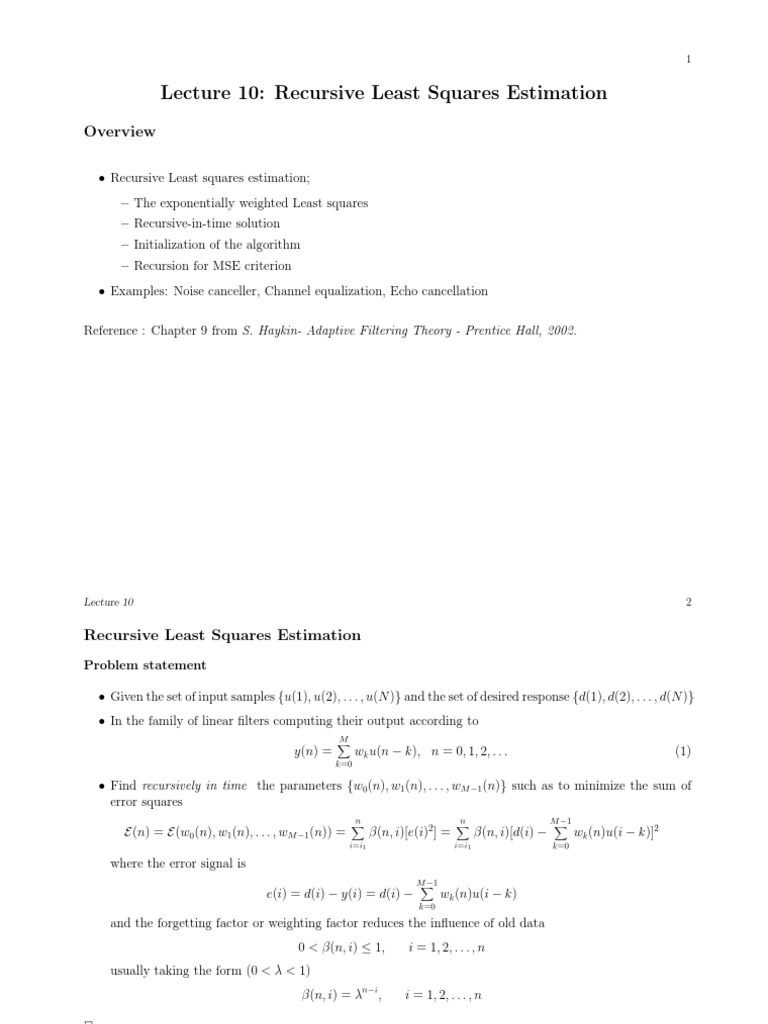 Lecture 10 Recursive Least Squares Estimation Pdf Algorithms Applied Mathematics