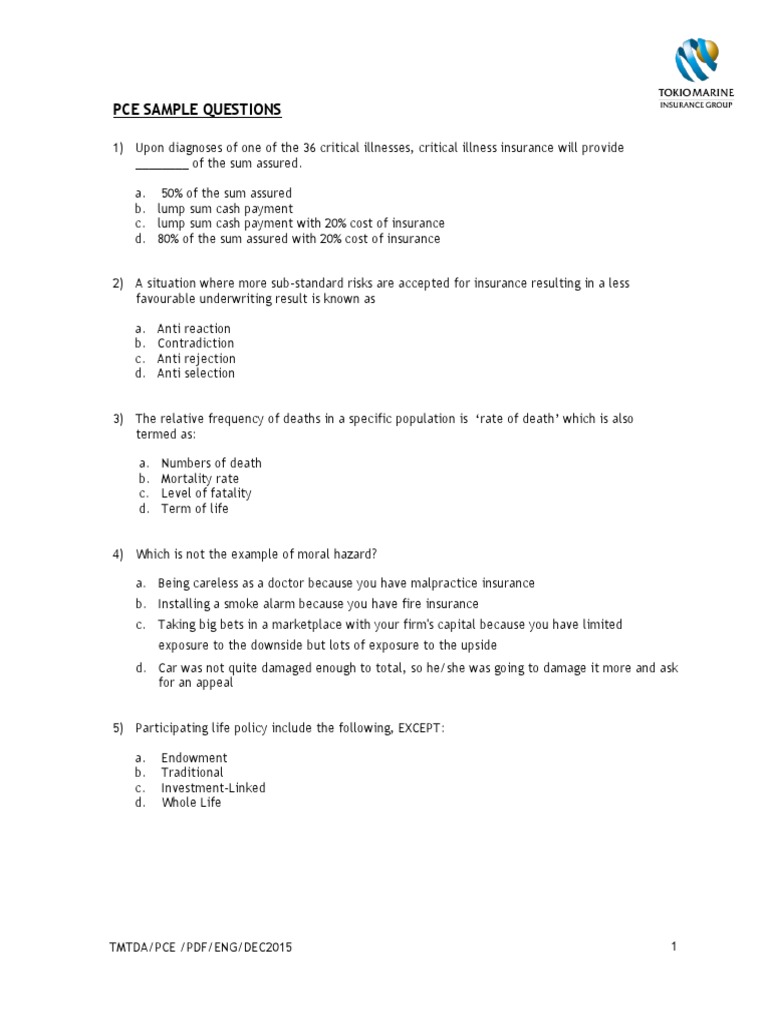 Pce Sample Questions 2016 - Eng | Download Free PDF | Life Insurance | Insurance