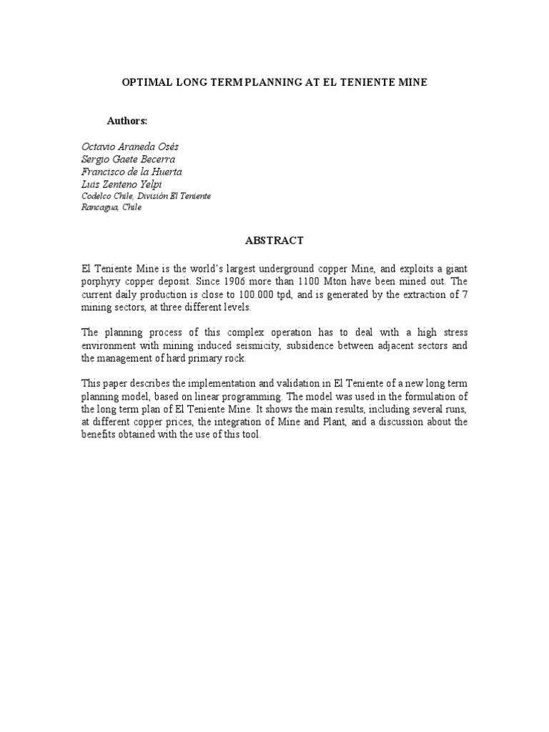 Optimal Long Term Planning at El Teniente Mine | PDF | Mining | Mathematical Optimization