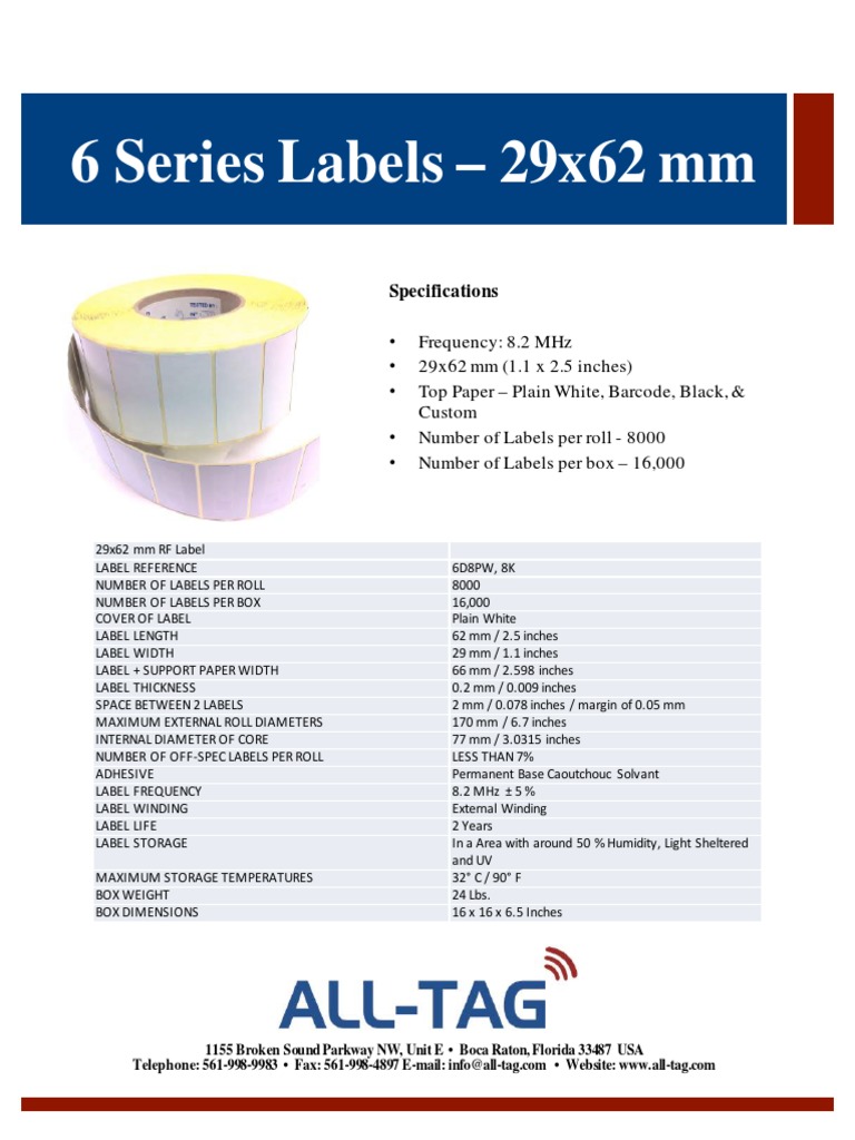 6 Series 29x62 mm RF Labels Specifications | PDF