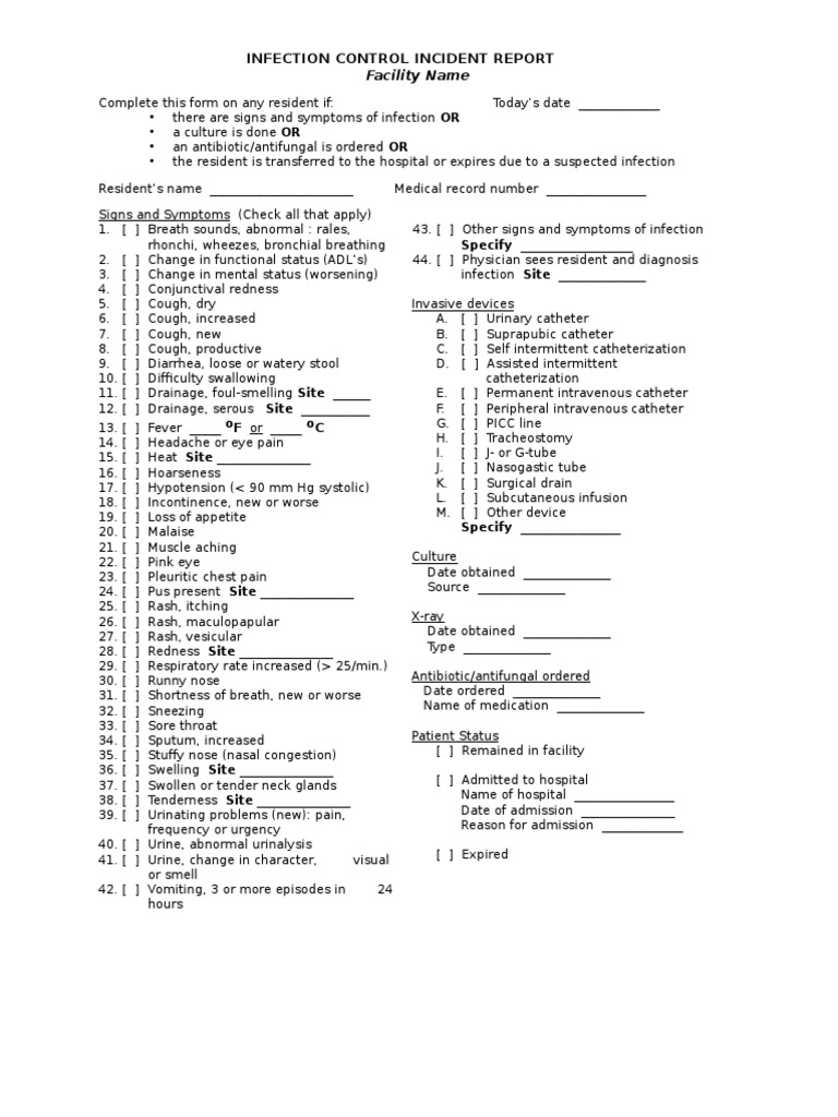 Infection Control Incident Report Form | PDF | Catheter | Intravenous ...