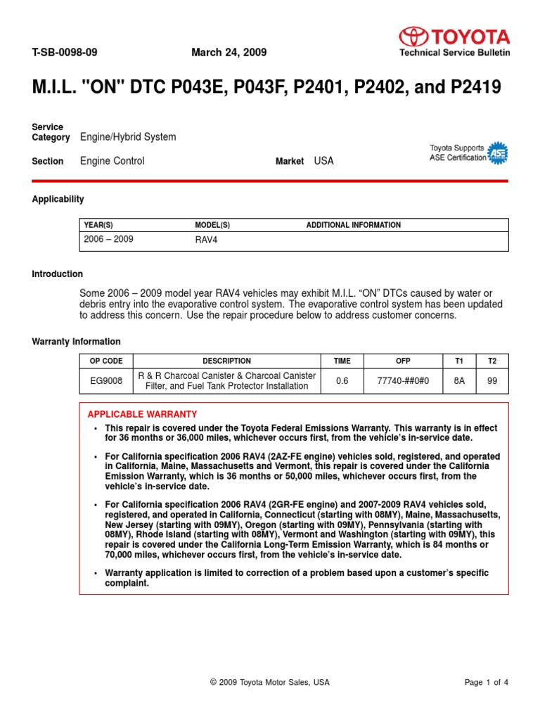 M.I.L. "ON" DTC P043E, P043F, P2401, P2402, and P2419: T-SB-0098-09 ...